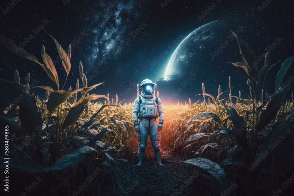 astronaut in a cornfield created with Generative AI technology Stock Illustration | Adobe Stock