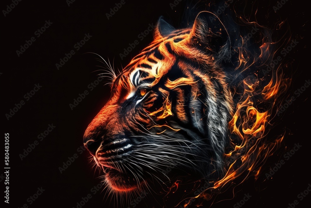 A close up of the head of a fire tiger is shown on a black background ...