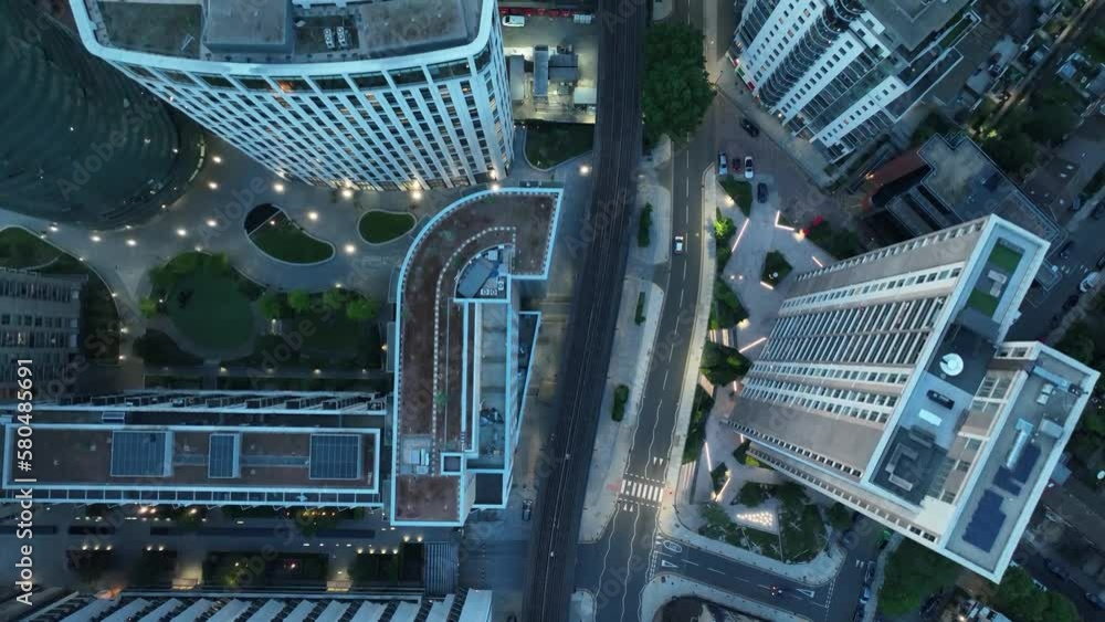 Top view of buildings tilt, Traffic road between skylines in Canary ...