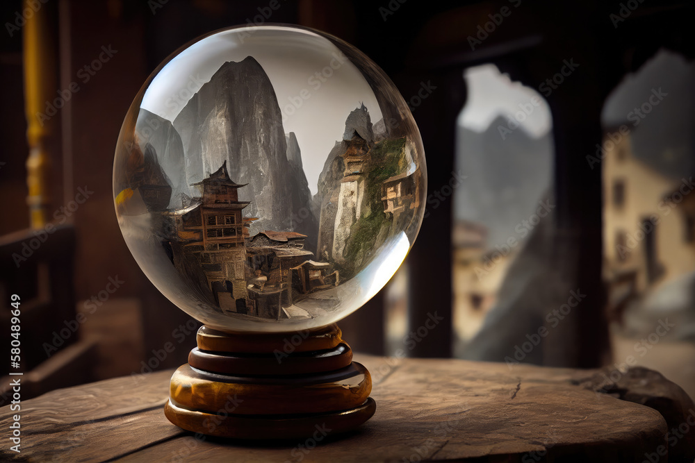 Chinese mountain temple architecture in a crystal ball. Stock ...