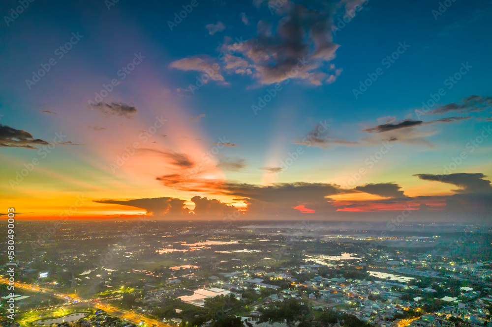 Aerial view of Saigon cityscape at evening with sunset sky in Southern ...