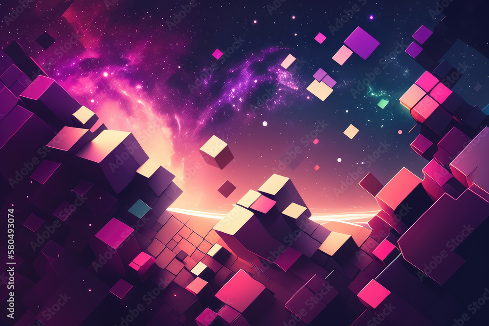 Pixelated galaxy with blocky shapes and gradients in a purple-pink ...
