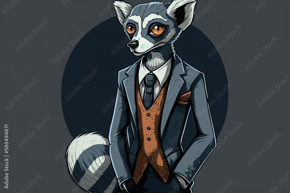 A picture of a lemur in a suit and a proud stance. Front view of a ...