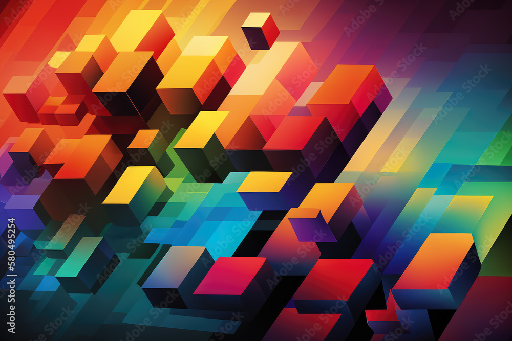 Geometric abstract design with pixelated blocks and vibrant gradients in a rainbow color scheme ...