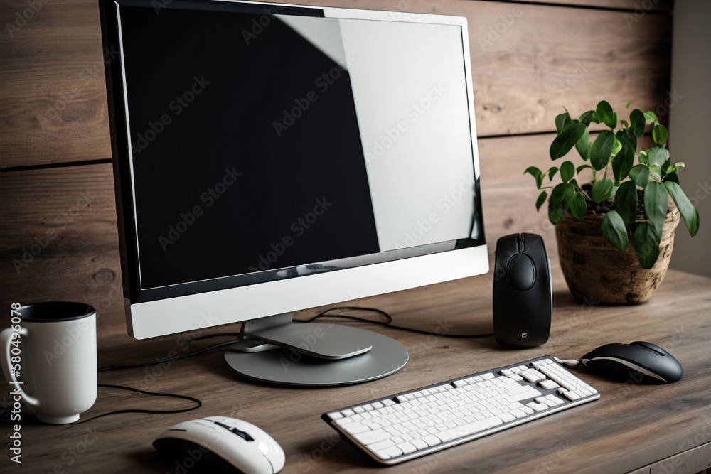 office monitor, wooden table with mouse. a computer with a blank screen ...