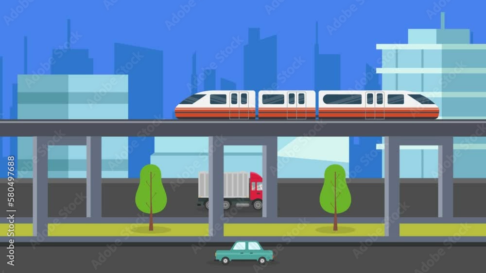 Monorail and car traffic with city background 2d animation Stock Video ...