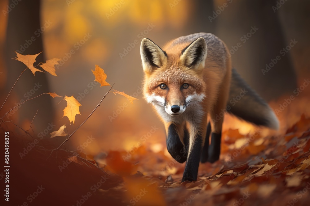 Red Fox, Vulpes vulpes, looking cute in the fall forest. Beautiful ...