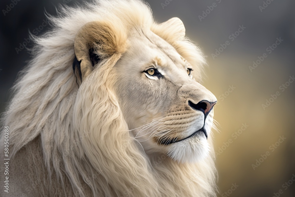 A close up picture of a white lion with a blurry background. Profiles ...