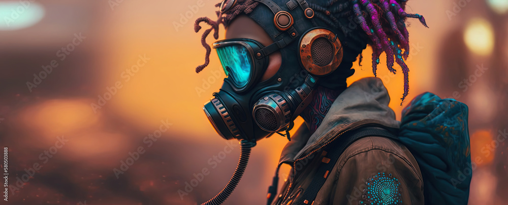 Woman in the desert with dreadlocks and futuristic gas mask AI ...
