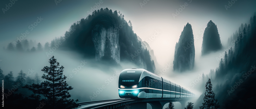 photograph of a futuristic high-tech monorail running through ...