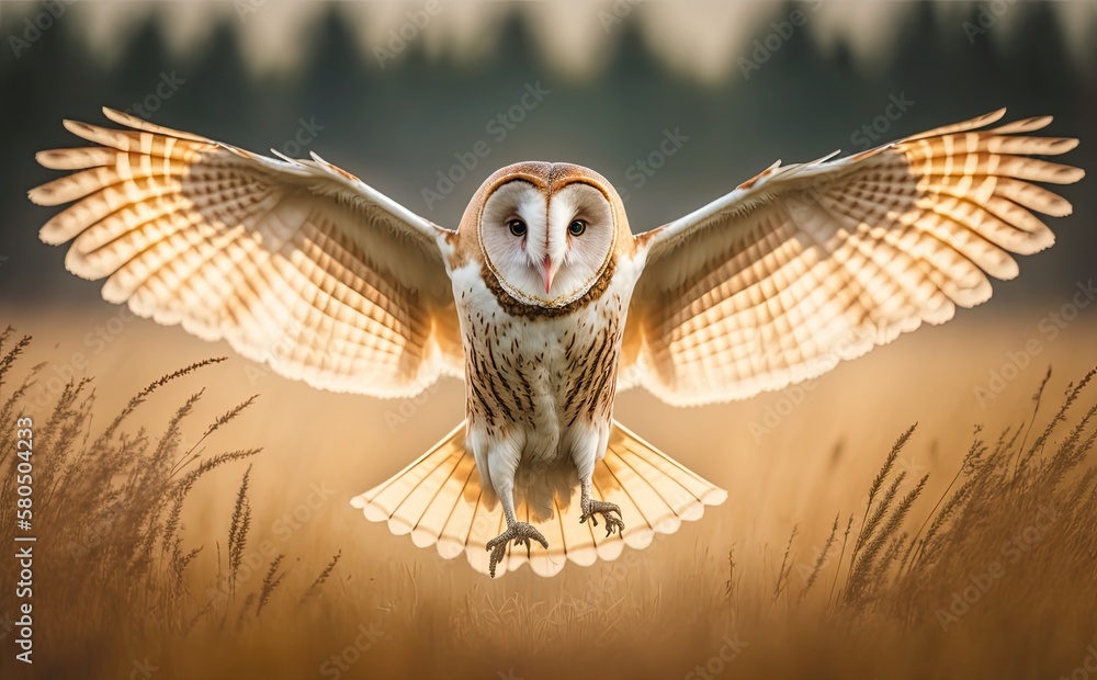 Barn owl with wings flying wide open in flight with talons blurred ...
