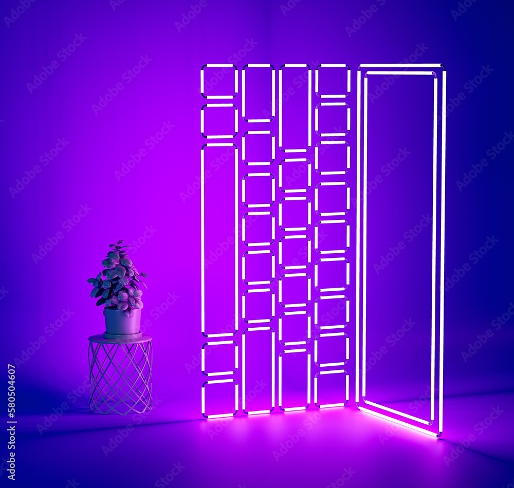 Abstract open door to universe. Lines appear. Cyberpunk neon door ...