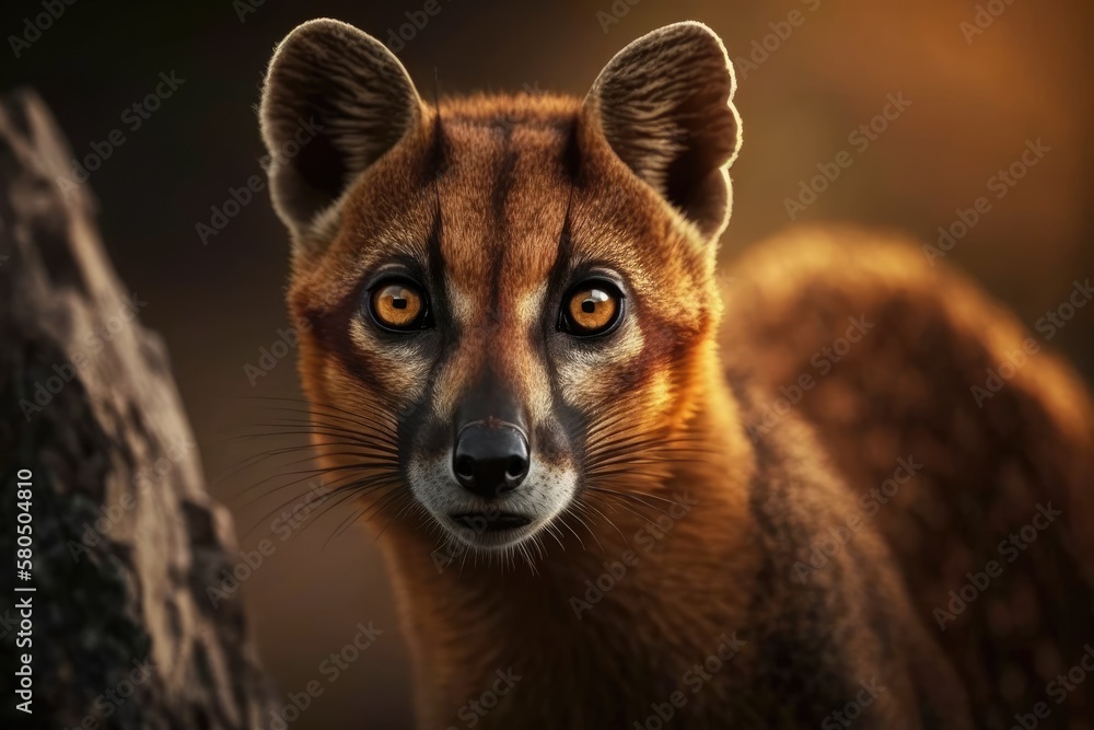 Madagascar Fossa. Apex predator, lemur hunter. Portrait, front view ...