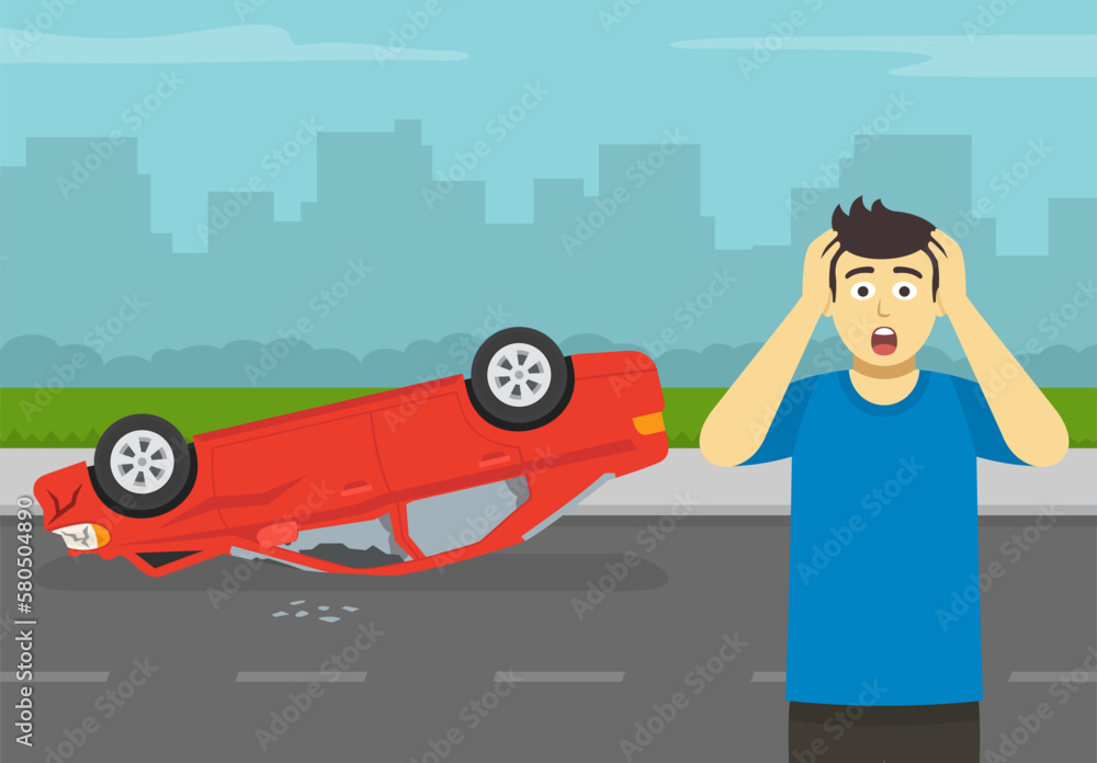 Vecteur Stock Car flips onto roof after colliding with vehicle. Upside ...