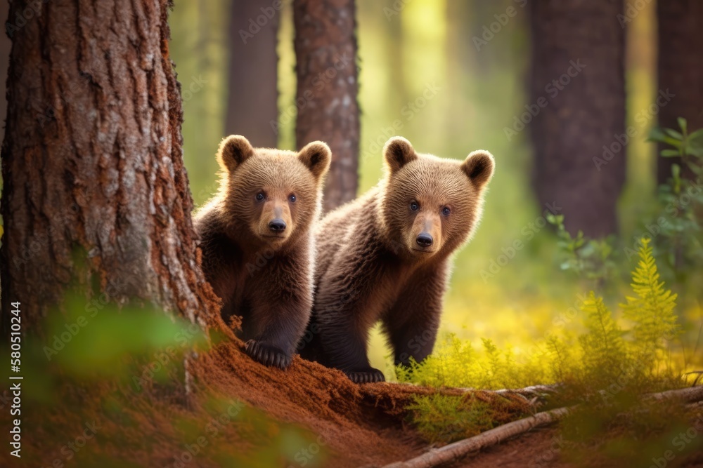 In the forest, there were two young brown bear cubs. A picture of a ...