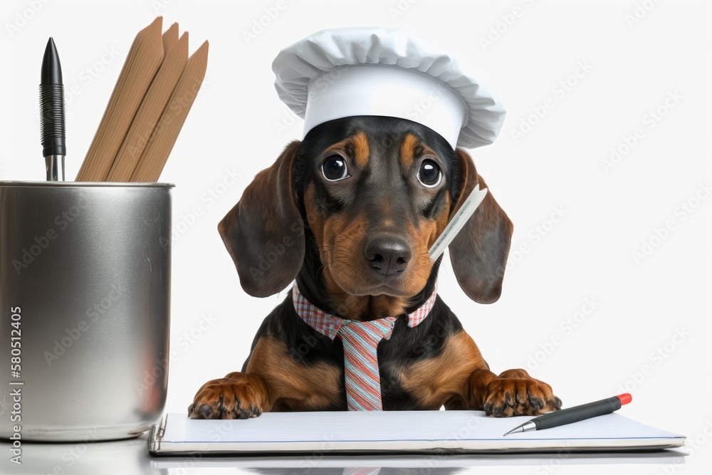 Office worker sausage dachshund dog as boss and chef, with pencil or ...