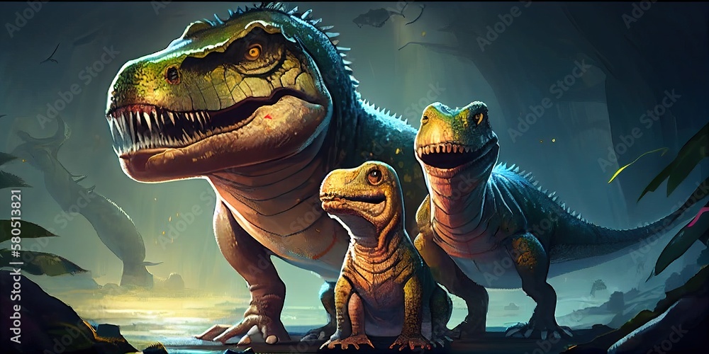 Scary raptor dinosaur family with parents and brood, generative ai ...