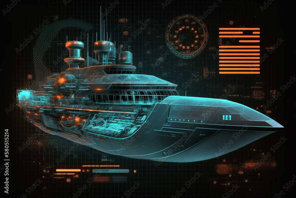 Futuristic Navy Ship or Submarine Infographic UI in HUD Style. Analysis ...