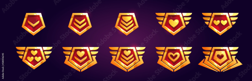 Set of game rank badges with hearts isolated on background. Vector ...