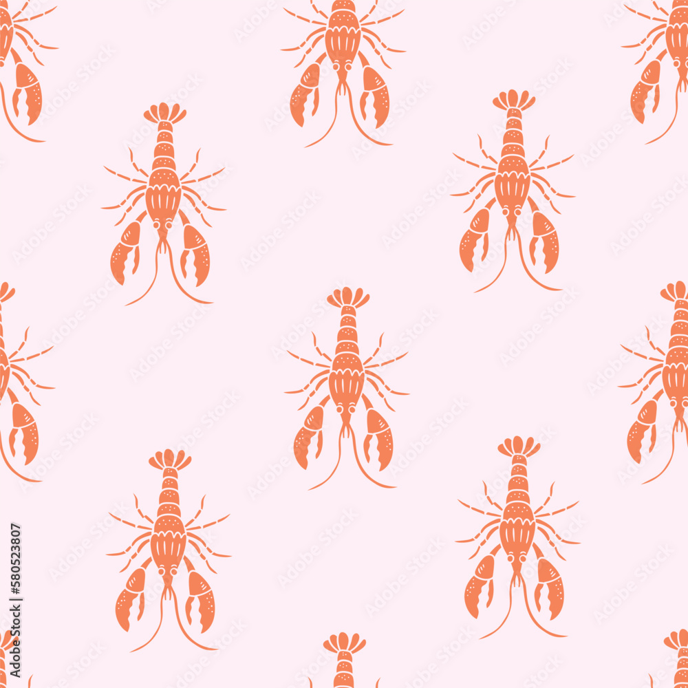 Seamless vector marine pattern background with red lobsters on pink ...