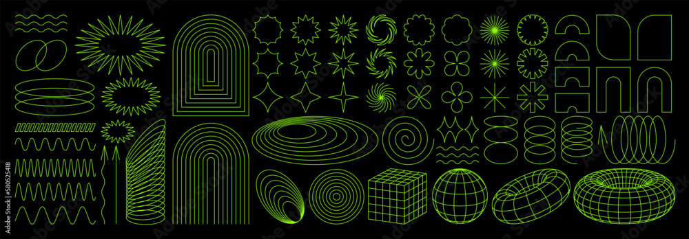 Geometry wireframe shapes and grids in neon acid color. 3D hearts ...