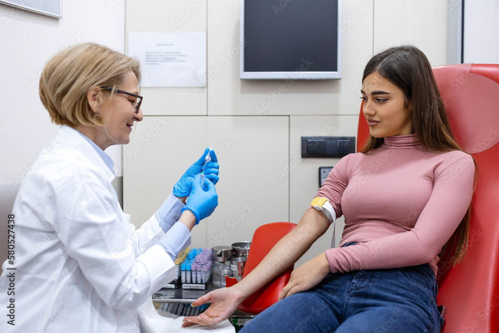 Preparation for blood test by female doctor medical uniform on the ...