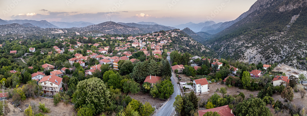 The aerial view of Ormana village in the mountains of Turkey is ...