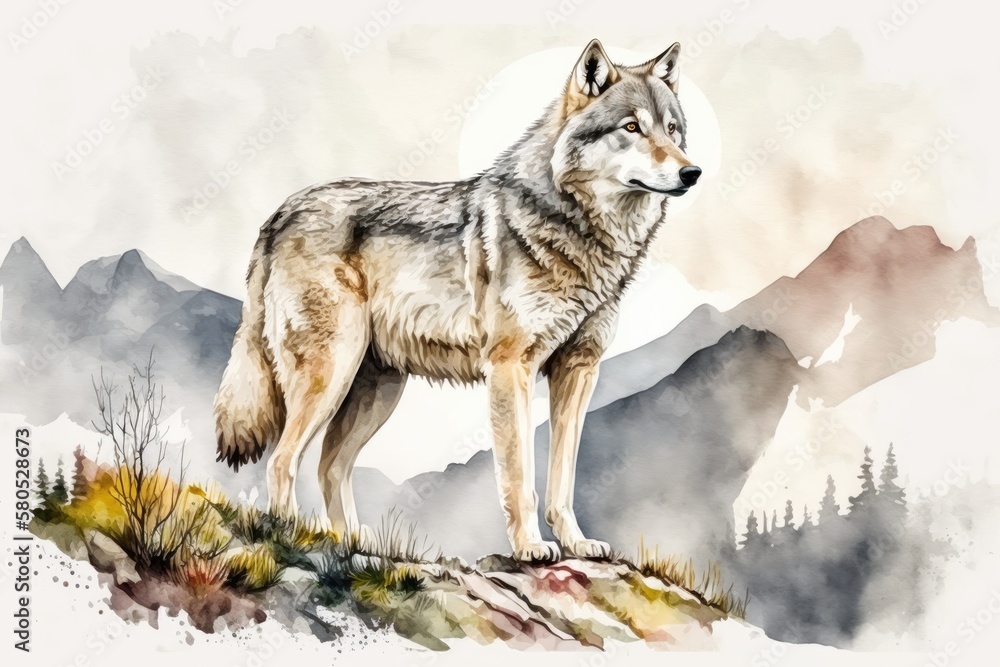Watercolor picture of a wolf. Hand drawn picture of a grey arctic wolf ...