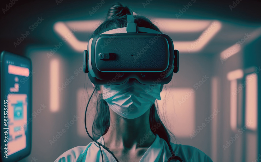 Front view of doctor using VR goggles inside a futuristic hospital ...