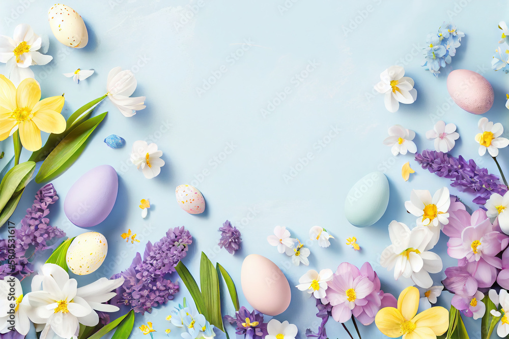 Easter background with copy space. Eggs, flowers, pastel colors ...