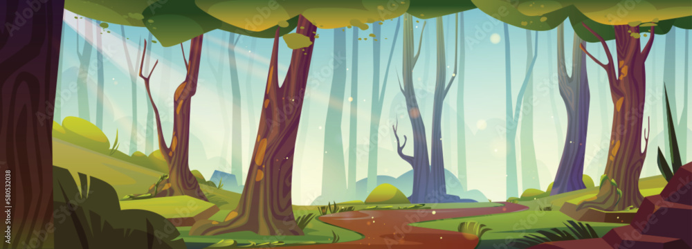 Footpath in summer forest on sunny day. Vector cartoon illustration of ...