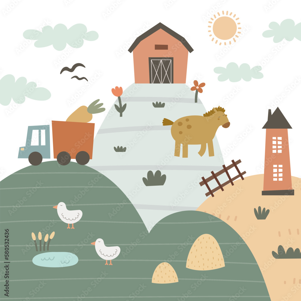Cute cartoon farm landscape . Vector colorful illustration for kids ...