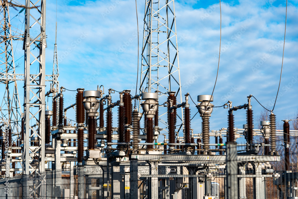 High voltage circuit breaker in a power substation.Electric power ...