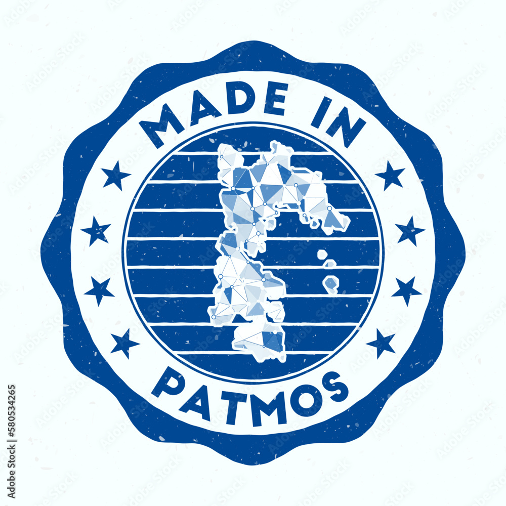 Made In Patmos. Island round stamp. Seal of Patmos with border shape ...