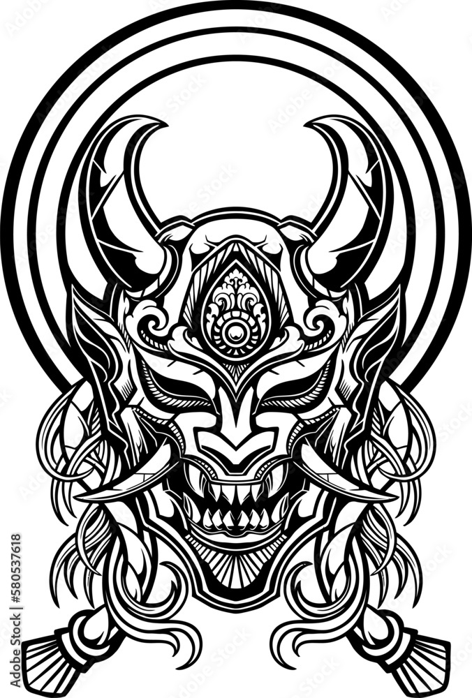 Photo & Art Print line art of yasuke with japanese samurai mask ...