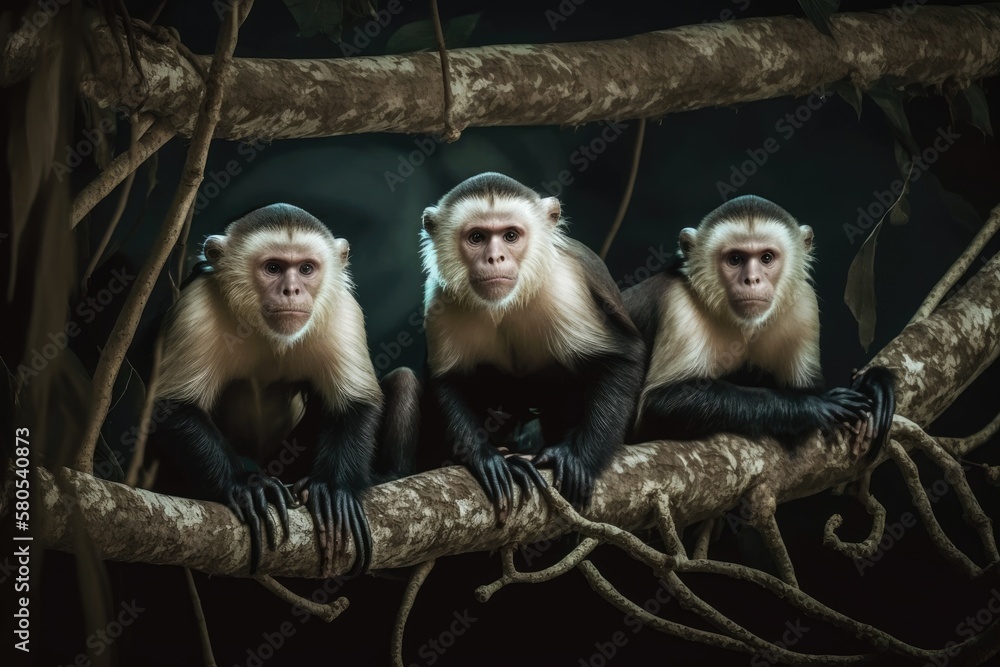 White headed Capuchin, Cebus capucinus, black monkeys sitting on a tree ...