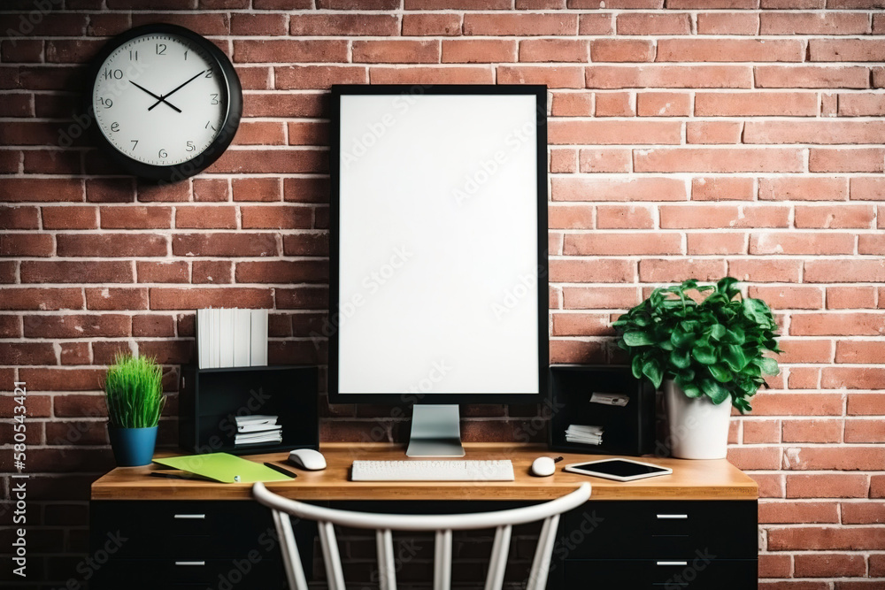 workstation with a vertical poster mock up on the desk. A desk and a ...