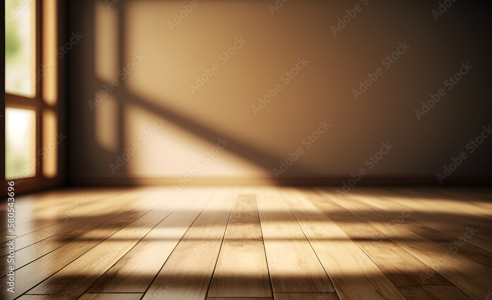 Empty room with wooden floor, beige wall background, light coming ...