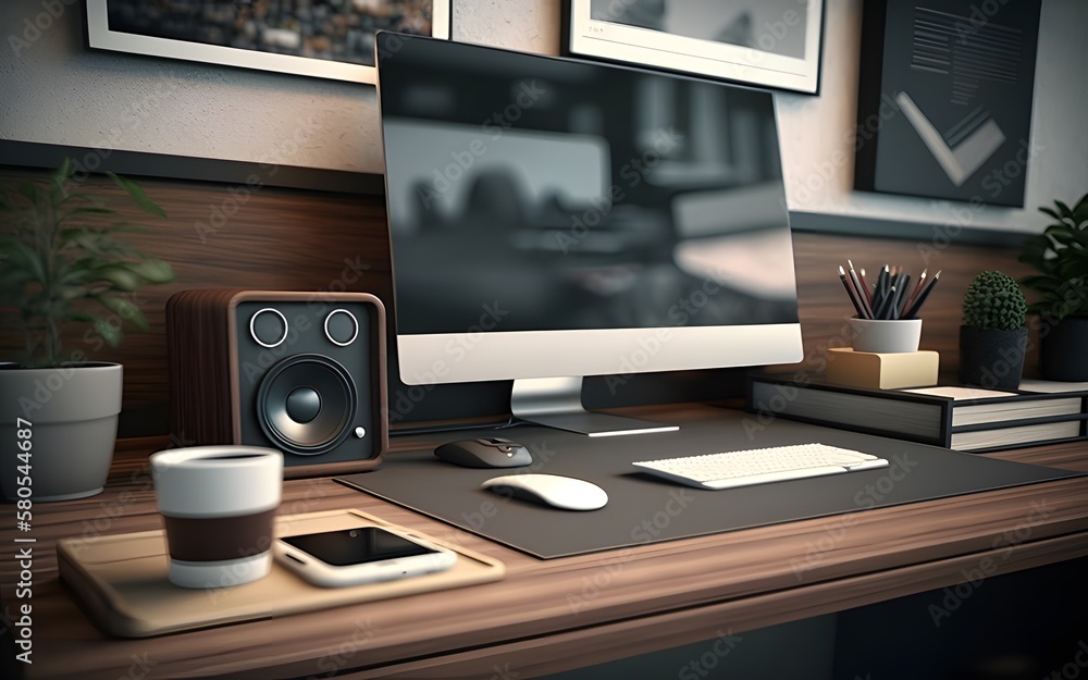 workspace with mock up computer and office supplies gadget. Blank ...