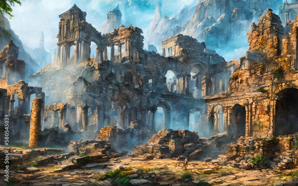 Fictional ruins of an old and remote fantasy city. Generative AI ...