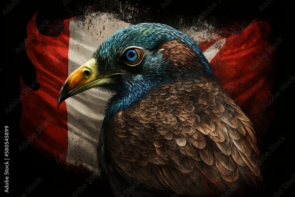 Portrait of bird on the red and white flag background created with ...