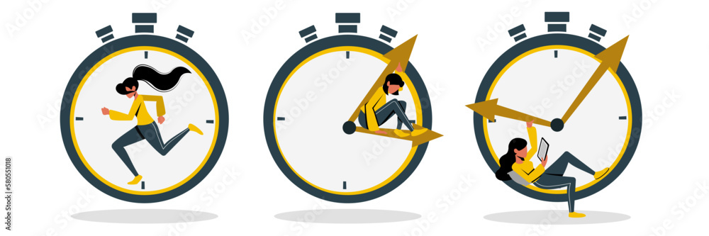 Time management with people in flat cartoon style. Girl run and trying ...
