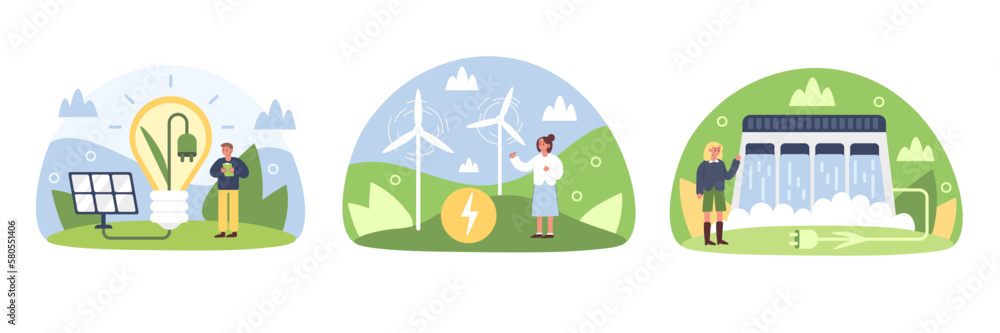Set of cartoon characters showing alternative sources of energy. Usage ...