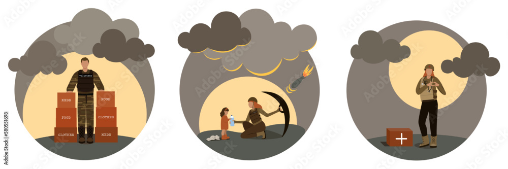 Volunteering during war concept. People in military uniform volunteer ...
