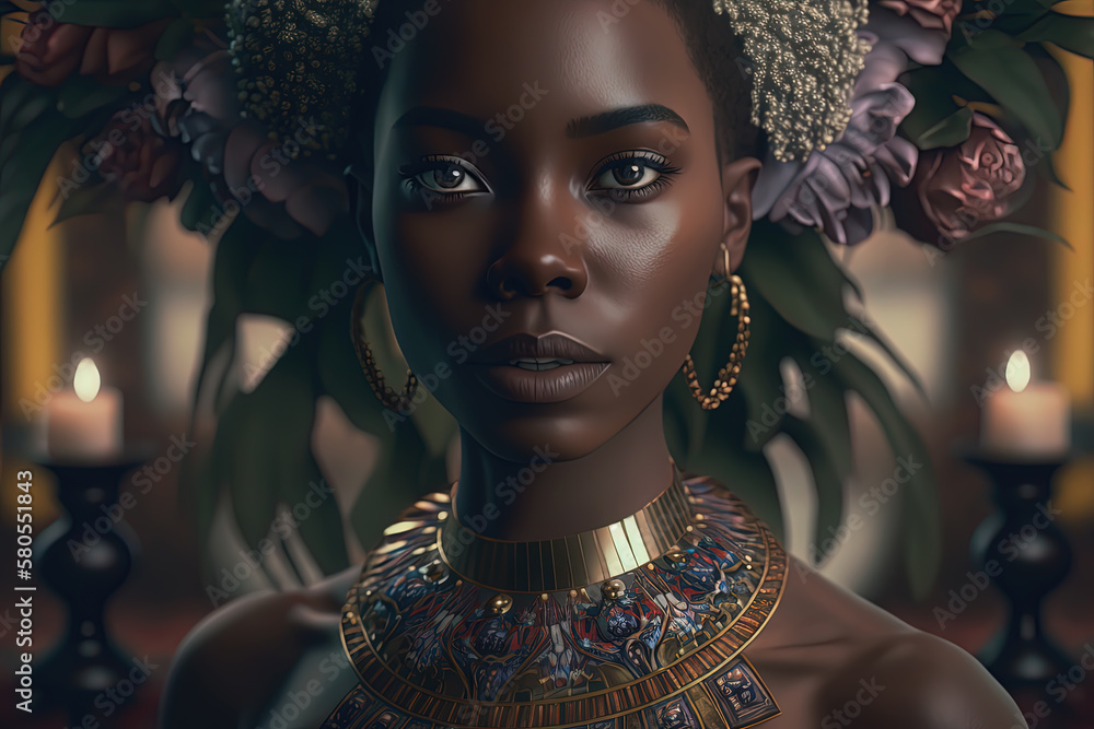 A stunning African model wearing traditional African clothing with a ...