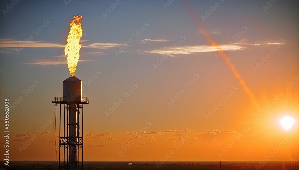 Aerial view to gas flare stack of petroleum refineries sunset ...