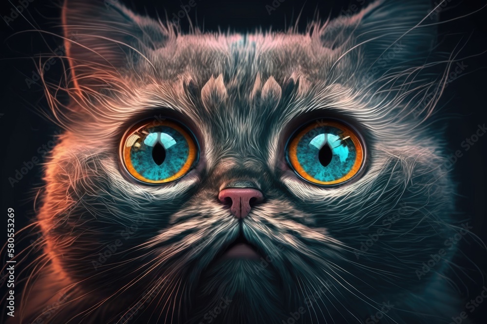 Shock. Creative portrait of a cute cat with eyes that look like human ...