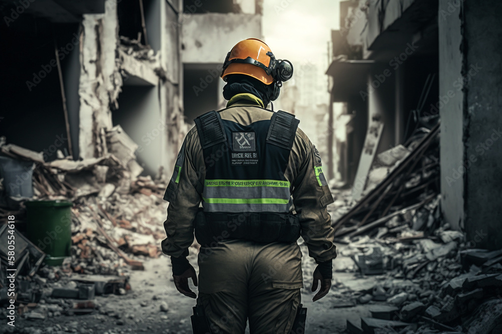 Rescuers in uniform and helmets dismantle the rubble of houses after ...