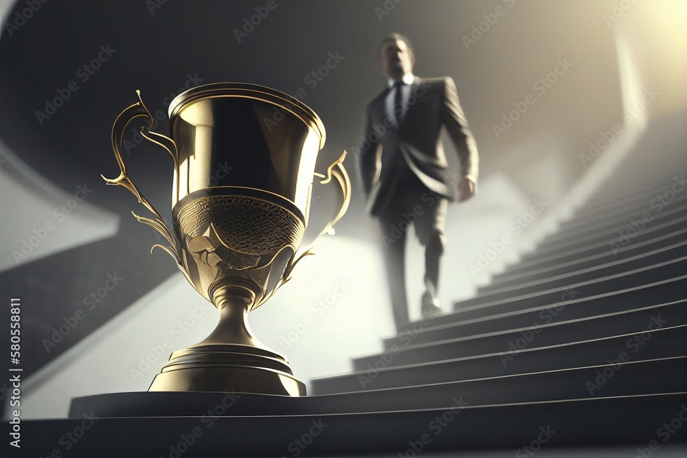 Ladder of success concept. Golden winner's cup and silhouette of a ...