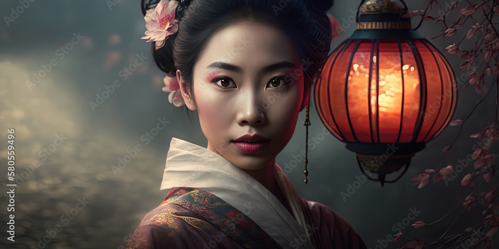 closeup of a young Chinese woman dressed as a geisha celebrating the ...